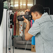 Photography, fashion and creative with man in studio for magazine ...