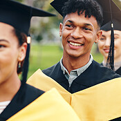 Waiting, graduation and people outdoor at university for achievement in ...