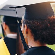 Row, graduation and back of people outdoor at university for ...