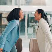 Happy, business women and laughing in office, friends and excited of ...