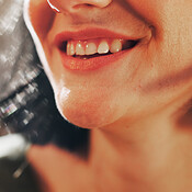 High, closeup and woman with mouth, teeth and drug abuser with ...