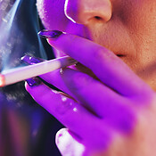 Smoking, party and hands of woman with cigarette for nicotine, tobacco ...