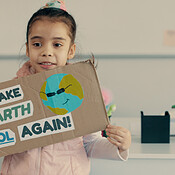 Student, girl and presentation with poster in classroom for eco ...