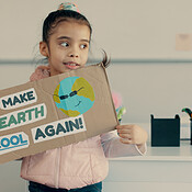 School, student and child with poster for presentation, education and ...