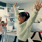 Excited students, children and celebration with documents in air for ...