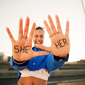 Hands, pronouns and person with she, her and happy for gender ...