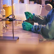 Chemical, forensic scientist and process of science, lab and liquid for ...