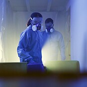 Biohazard, chemical waste and people with ppe for test, science ...