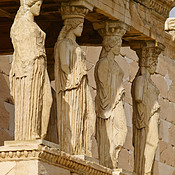 Greek history, ruin or ancient pillar with keystone arch, architectural ...