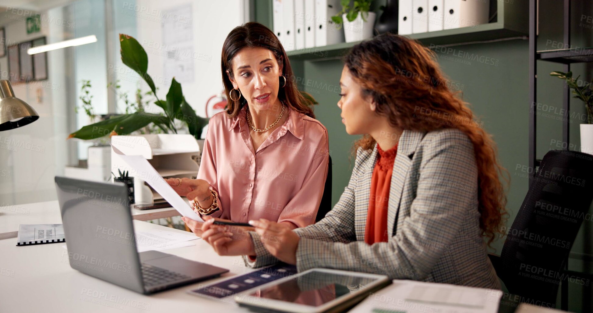 Office, discussion and financial advisor with client for paperwork ...