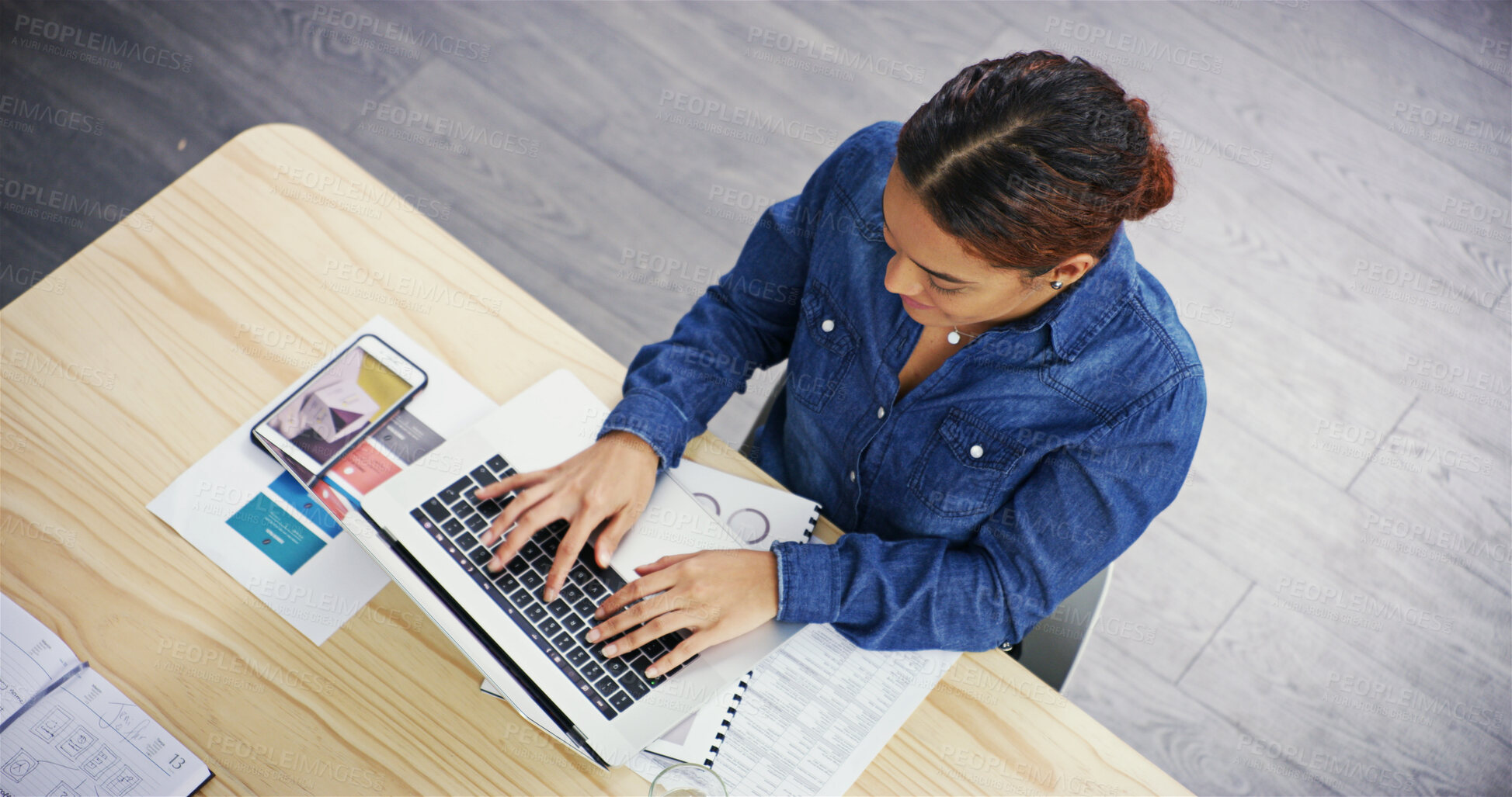 Laptop, documents and businesswoman in office for typing creative ...