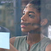 Office, meeting and glass wall for sticky notes, planning and erp ...