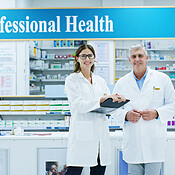 Clipboard, collaboration and portrait of people in pharmacy together ...