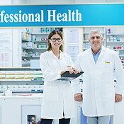 Clipboard, portrait and smile of people in pharmacy together for ...