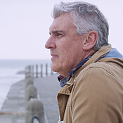 Thinking, relax and memory with old man at beach for reflection, mental ...