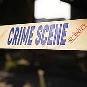 Outdoor, crime scene and yellow tape for investigation, forensics and ...