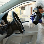 Person, forensics and digital camera in car at crime scene for ...