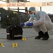 Person, forensic and sample of crime scene with evidence outdoor, dna ...