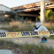 Forensic, people and crime scene for evidence by lake outdoor, dna ...