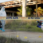 Crime scene, people and tape outdoor for forensics, evidence ...