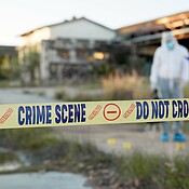 Crime scene, tape and people outdoor for forensics, evidence and ...