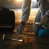 Crime scene, person and hands with swab for evidence, DNA sample and ...
