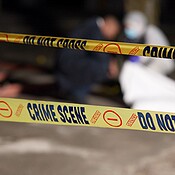 Crime scene, police tape and murder in building for investigation with ...