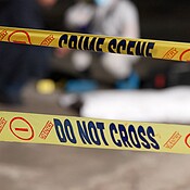 Crime scene, police tape and accident in building for investigation ...