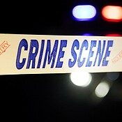 Crime scene, police tape and caution at night for investigation with ...