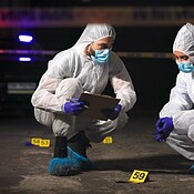 Forensics team, outdoor and crime scene investigation with clipboard ...