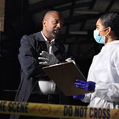 People, detective and investigation at crime scene for forensic ...