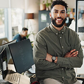Portrait, man and programmer with pride in office of software ...