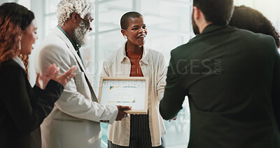 Business people, applause and celebration in office for certificate ...