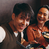 Couple, portrait and selfie with food in restaurant, bonding and ...