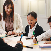 Japanese, teacher and students for education in classroom, creative ...