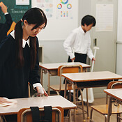 Students, girl and cleaning desk at school for hygiene, learning ...