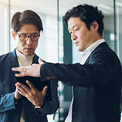 Tablet, teamwork and review with business people in Japanese office for ...