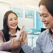 Office, teamwork and Japanese people with success, motivation and ...