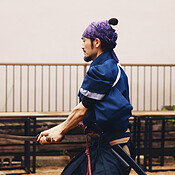 Culture, dojo and sword with Samurai man in Japan for combat, martial ...