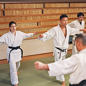Martial arts, master and Japanese people with learning, exercise and ...
