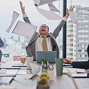 Business people, paper throw and office with celebration, opportunity ...