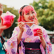 Kimono, slushy and summer with Japanese women outdoor in city together ...
