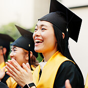 Excited, clapping and graduation for group, education and success for ...