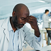 Thinking, burnout and scientist with headache, lab and tired of medical ...