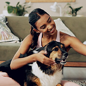 Hug, home and woman with dog, selfie and bonding together with embrace ...