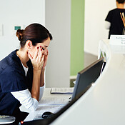 Headache, stress and woman receptionist at medical office for burnout ...