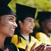 Woman, students and applause at university for graduation, peer support ...
