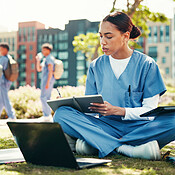 Woman, nurse or student writing with book for internship, studying or ...
