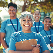 Charity, leadership and portrait of volunteer team outdoor in park for ...