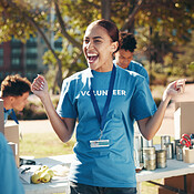 Excited, volunteer woman and charity as group for community service ...